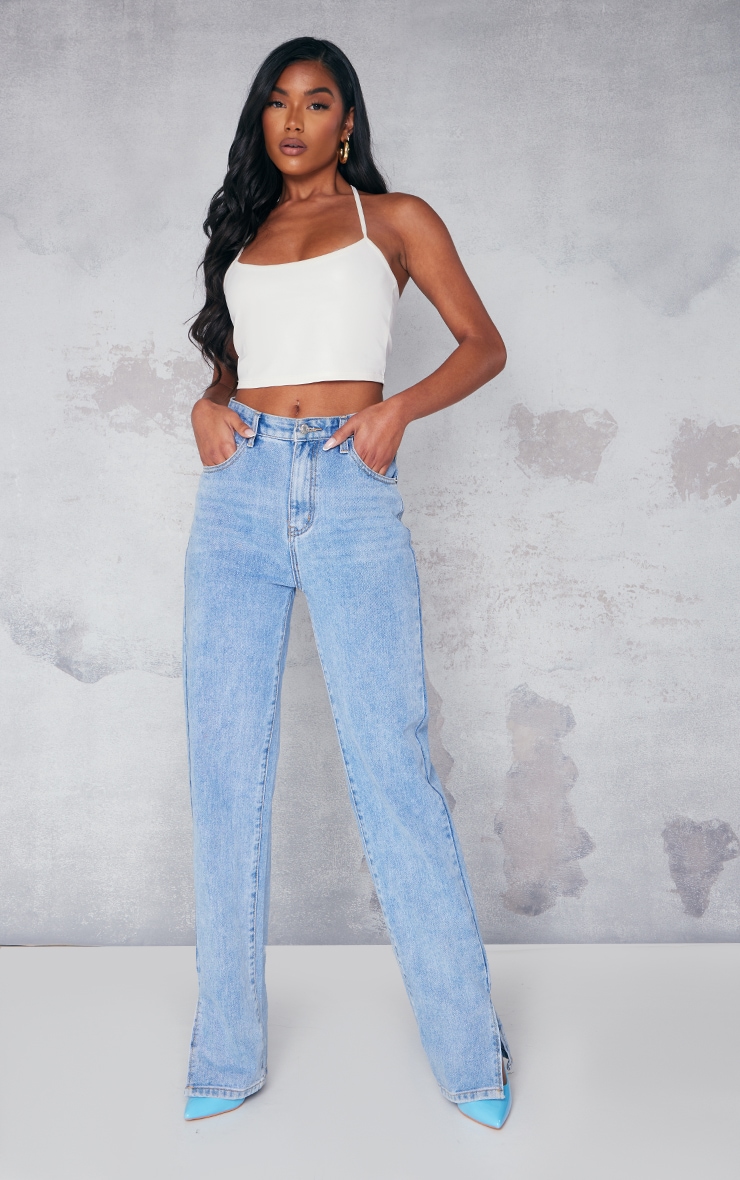 Cream Faux Leather Halter Crop Top | Tops | PrettyLittleThing