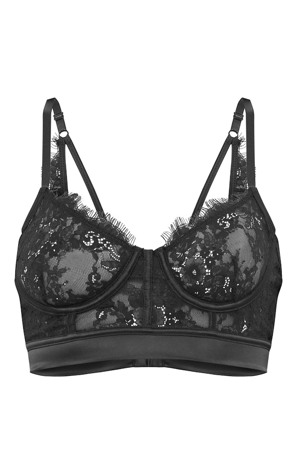 Black Lace Satin Underwired Bra | Lingerie & Nightwear | PLT