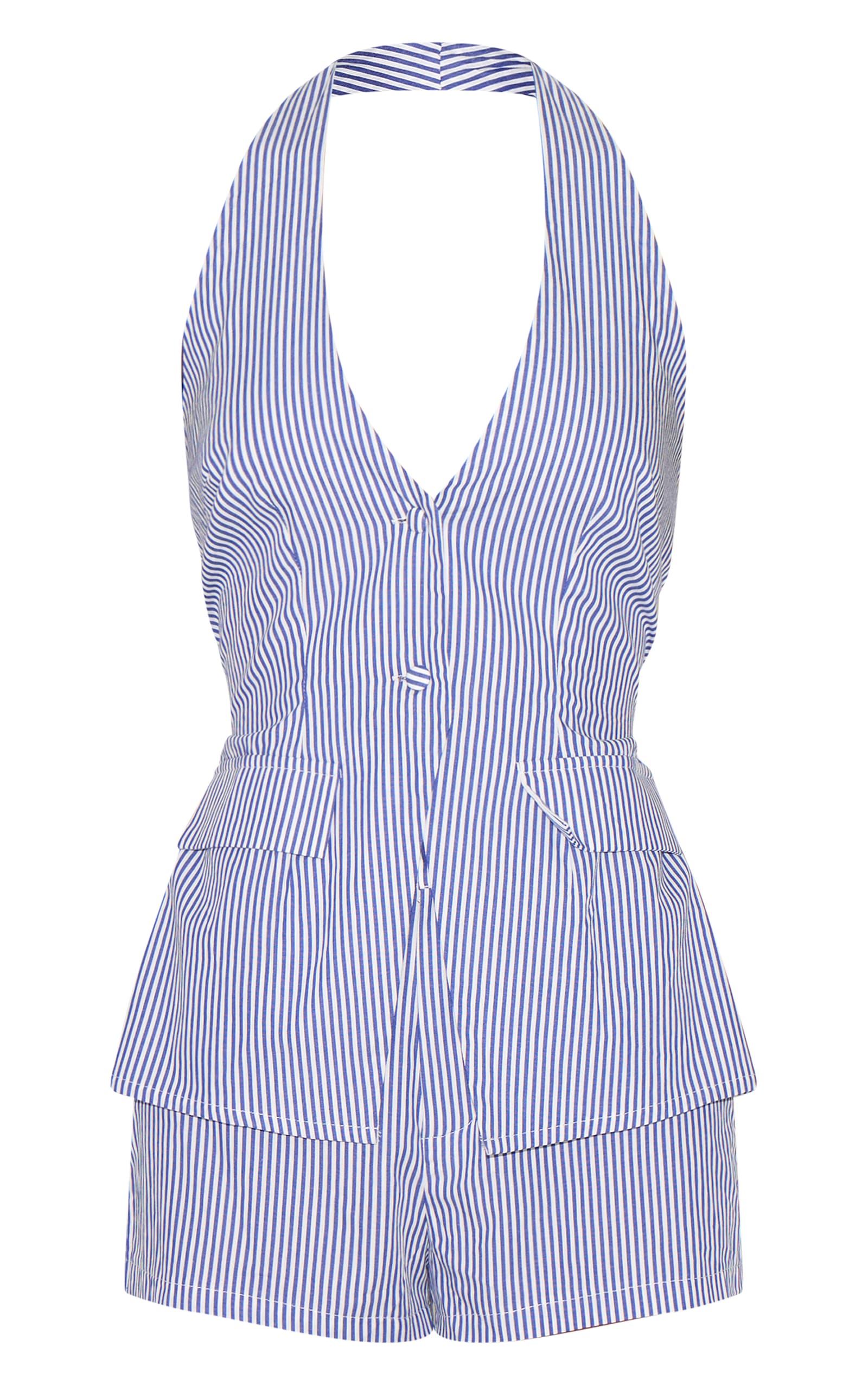 Blue Pinstripe Halter Waistcoat Tailored Playsuit | Dresses | PLT