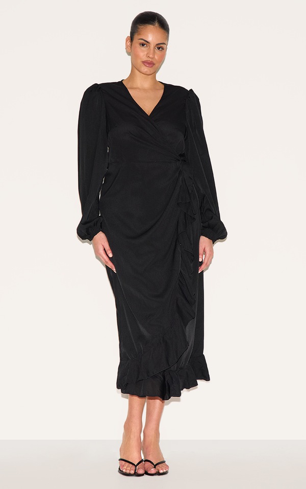 Plus Black Ruffle Wrap Front Midi Dress | Plus Size | PrettyLittleThing USA