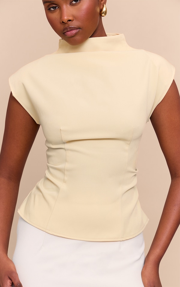 Butter Yellow Ruched Woven Shoulder Pad Top | Tops | PLT