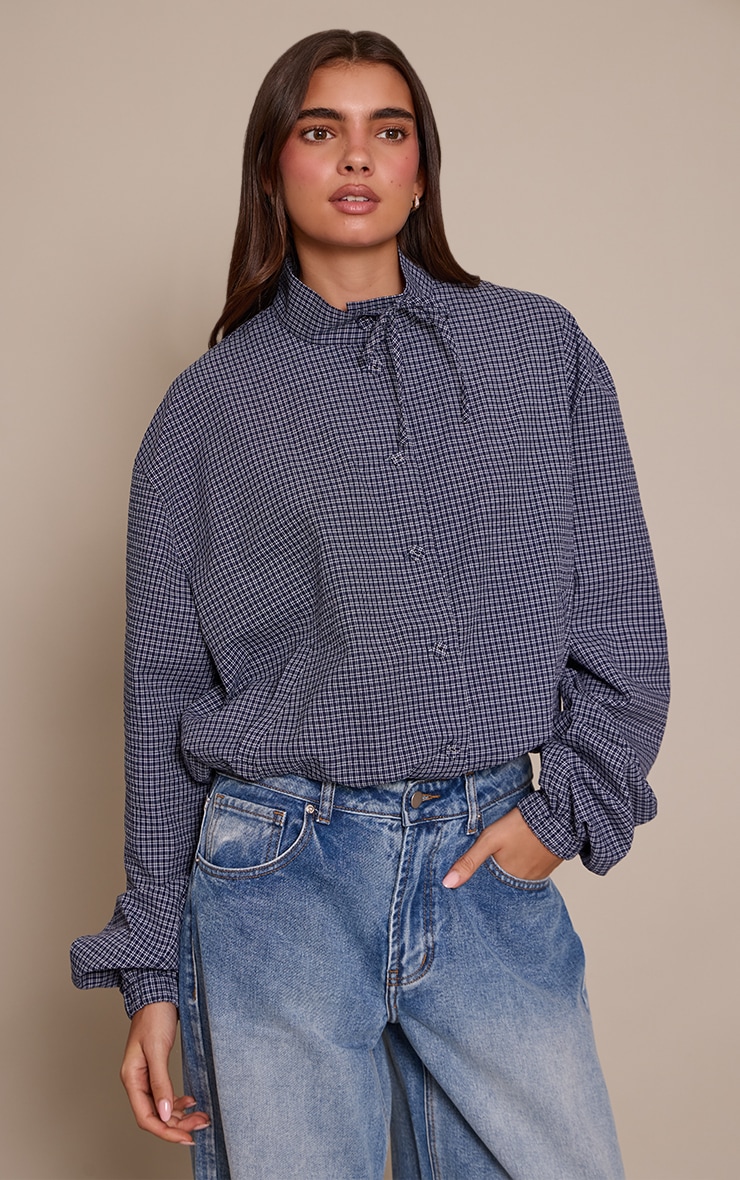 Chemise Bleue À Carreaux Et Col Entonnoir Noué | Tops | PLT FR
