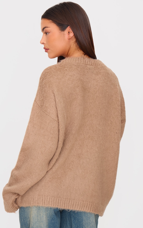 Taupe Fluffy Knit Oversized Sweater | Knitwear | PrettyLittleThing USA