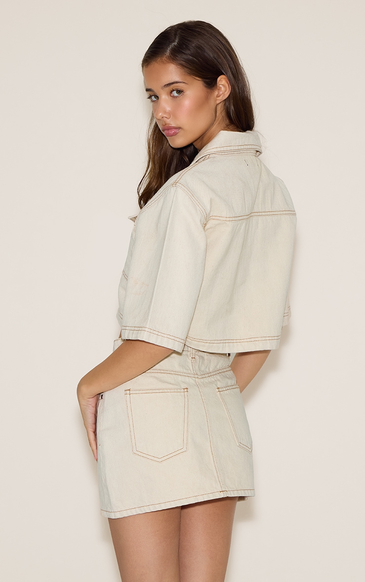 Ecru Contrast Stitched Cropped Denim Shirt | Denim | PrettyLittleThing USA