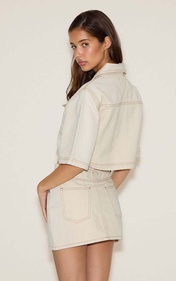 Ecru Contrast Stitched Cropped Denim Shirt | Denim | PrettyLittleThing USA