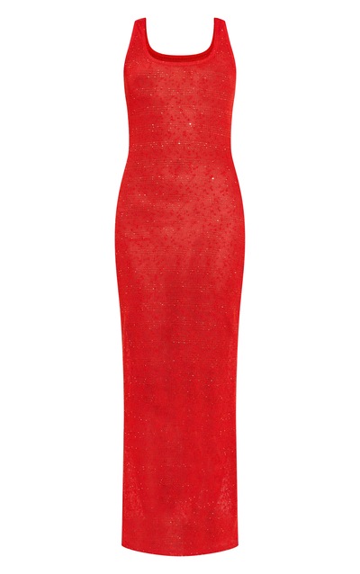 Tomato Red Sequin Sheer Racer Neck Maxi Dress | Dresses | PLT USA