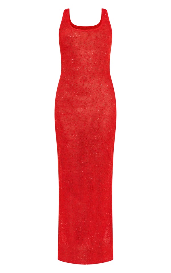Tomato Red Sequin Sheer Racer Neck Maxi Dress | Dresses | PLT USA