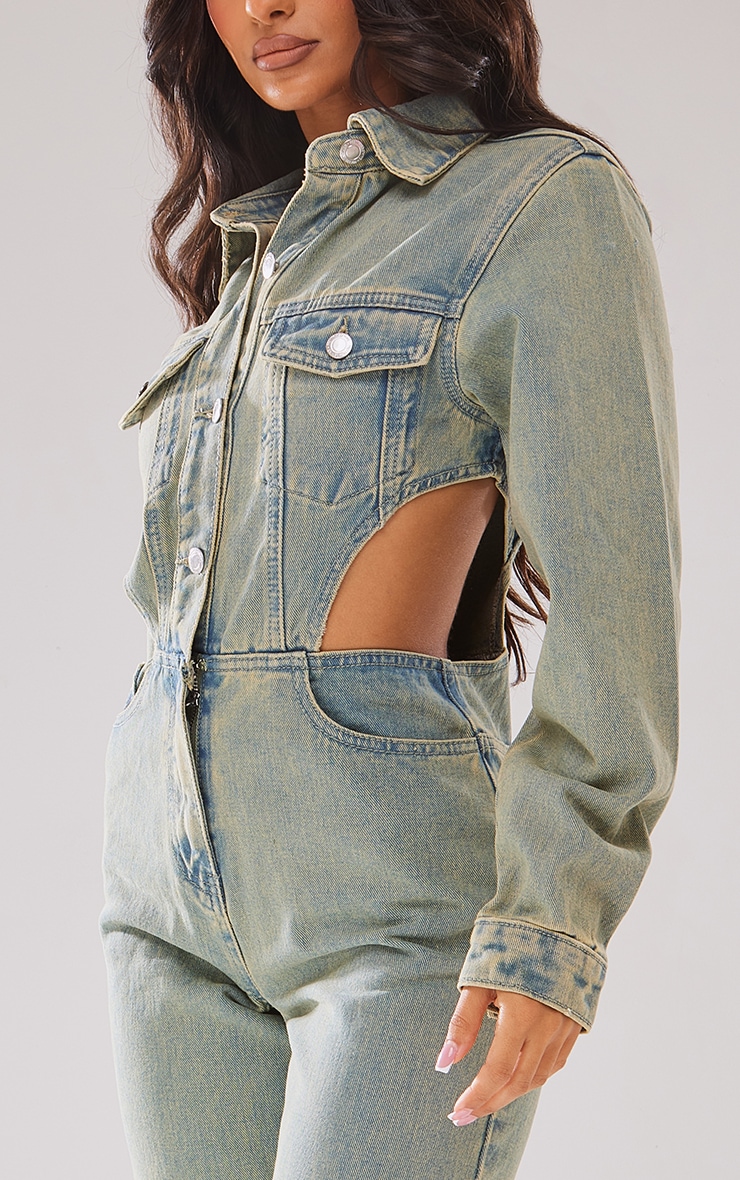 Petite Vintage Wash Denim Cut Out Waist Jumpsuit | Petite | PLT