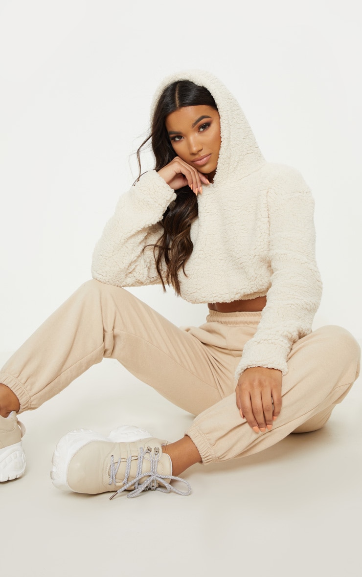 Cream Borg Crop Hoodie | Sweat | PrettyLittleThing USA