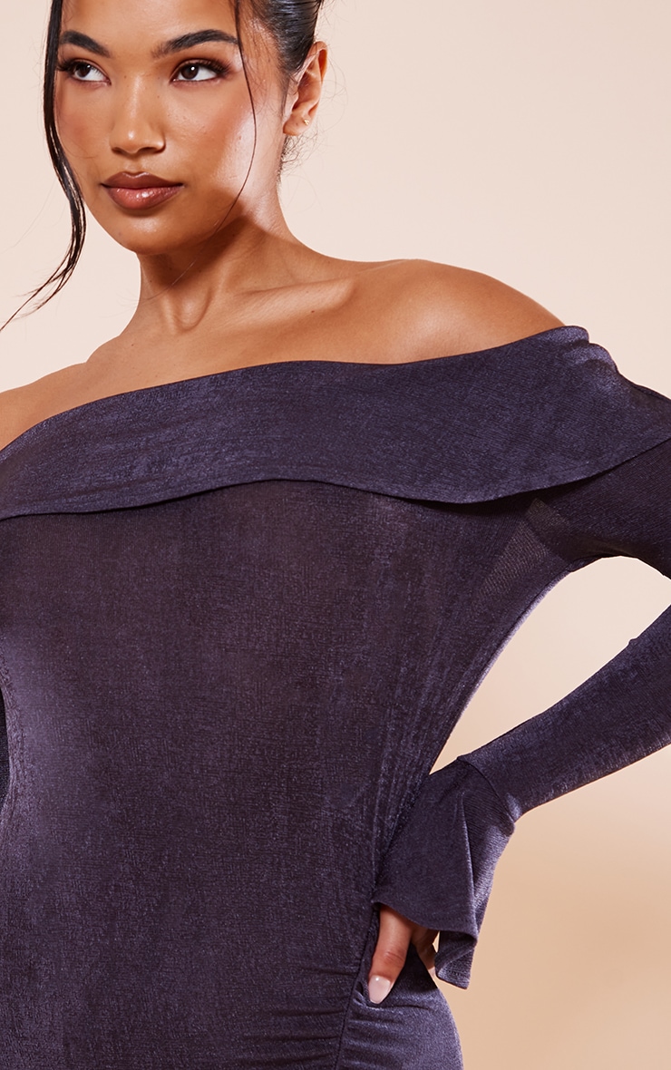 Charcoal Acetate Bardot Flare Sleeve Bodycon Dress | Dresses | PLT USA