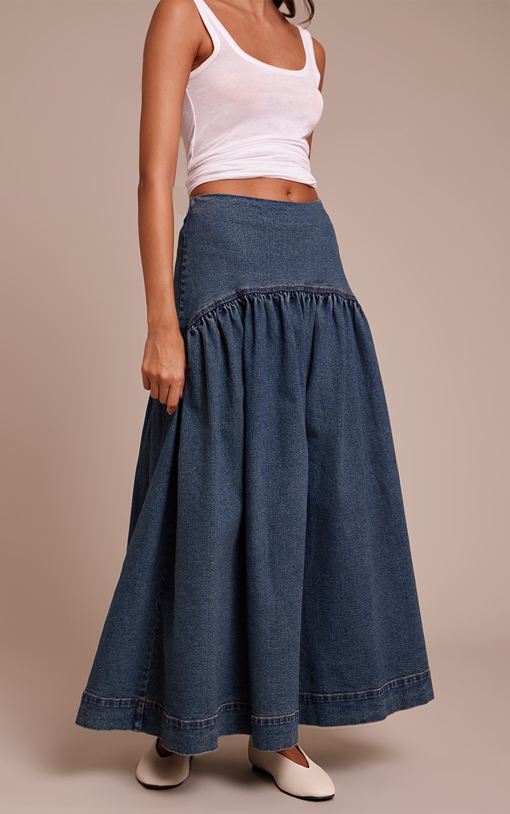 Vintage Denim Frill Detail Floaty Maxi Skirt | Denim | PrettyLittleThing CA
