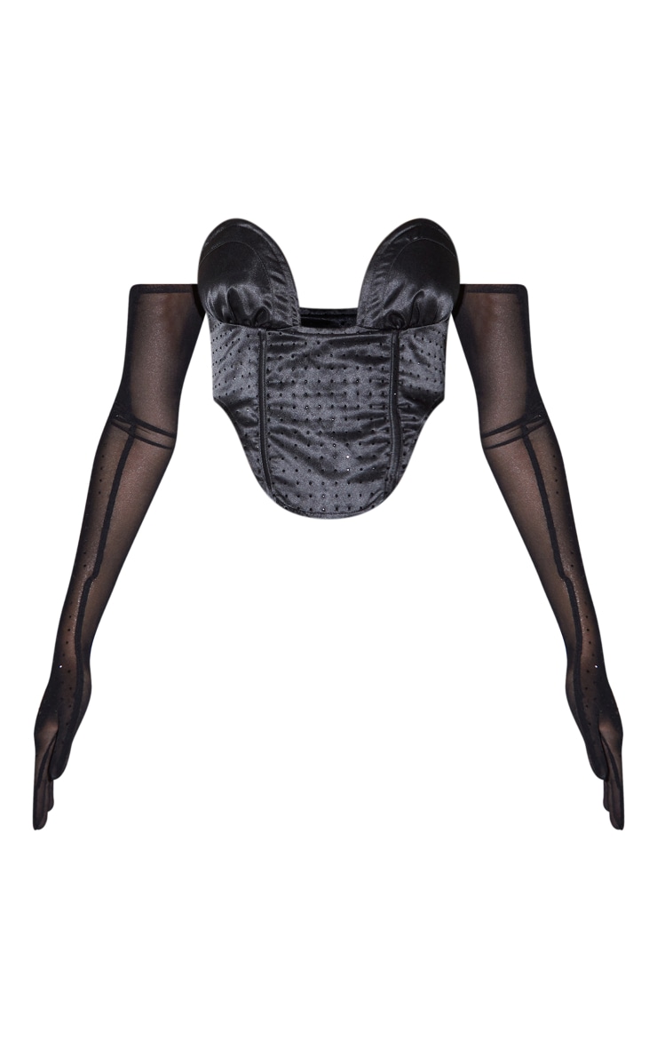 Black Curved Bust Diamante Glove Detail Corset | PrettyLittleThing