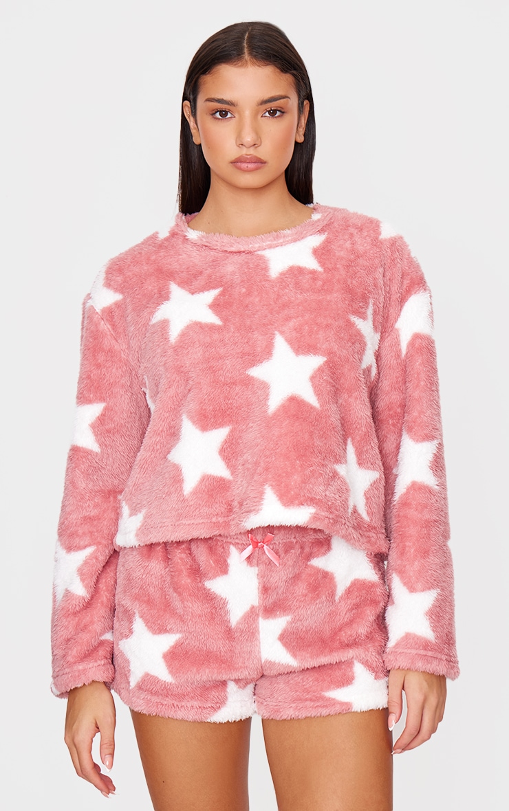 Pink Star Print Fleece Long Sleeve Pj Top | Lingerie & Nightwear | PLT