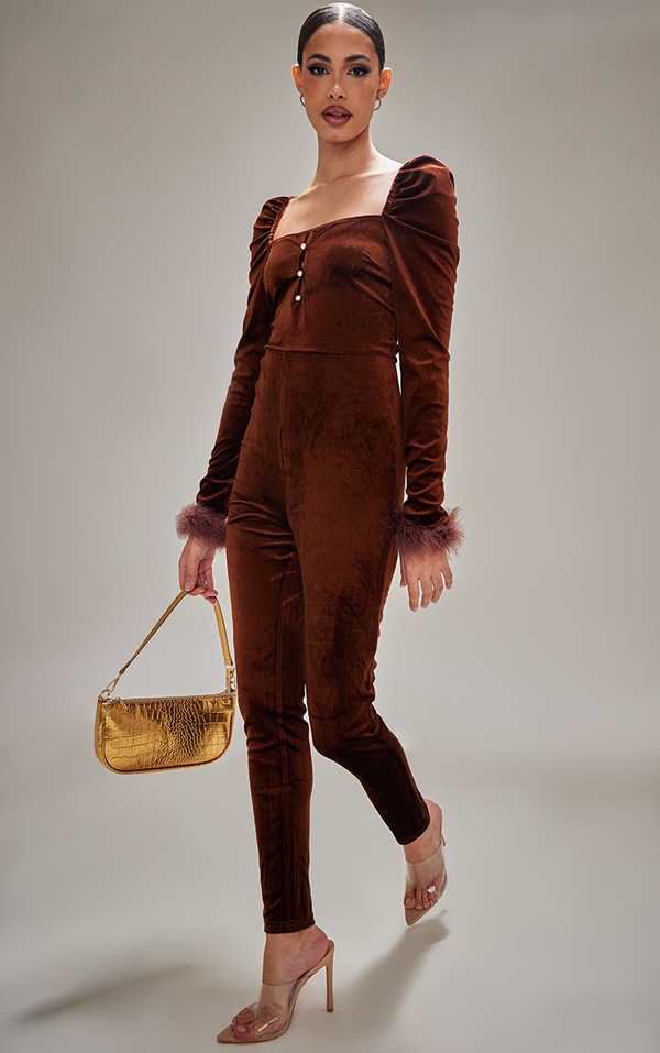 Tall Chocolate Velvet Feather Jumpsuit | Tall | PLT