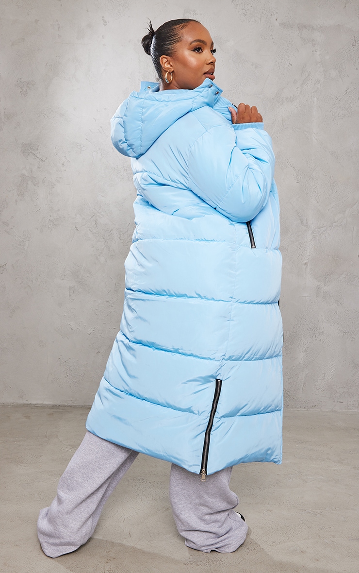 Prettylittlething Plus Bright Blue Text Front Maxi Puffer Coat | PrettyLittleThing