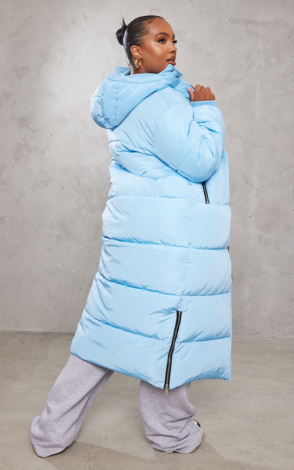 Prettylittlething Plus Bright Blue Text Front Maxi Puffer Coat | PrettyLittleThing CA