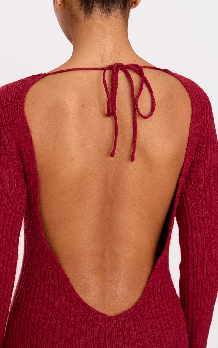 Burgundy Rib Knit Low Back Long Sleeve Maxi Dress | Knitwear ...