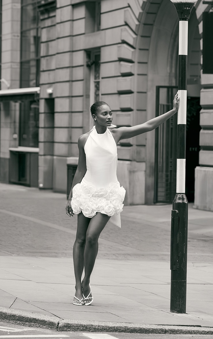 White Floral Ruffle High Neck Cowl Bodycon Dress | Dresses ...