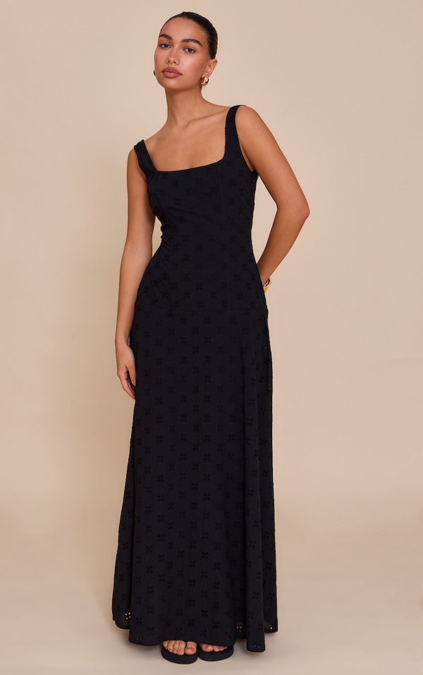Black Broderie Corset Midaxi Dress | Dresses | PrettyLittleThing USA