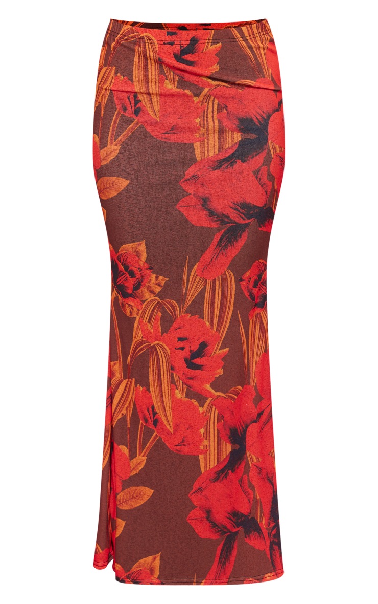 Jupe longue style sirène rouge imprimé orchidées en mesh dévoré ...