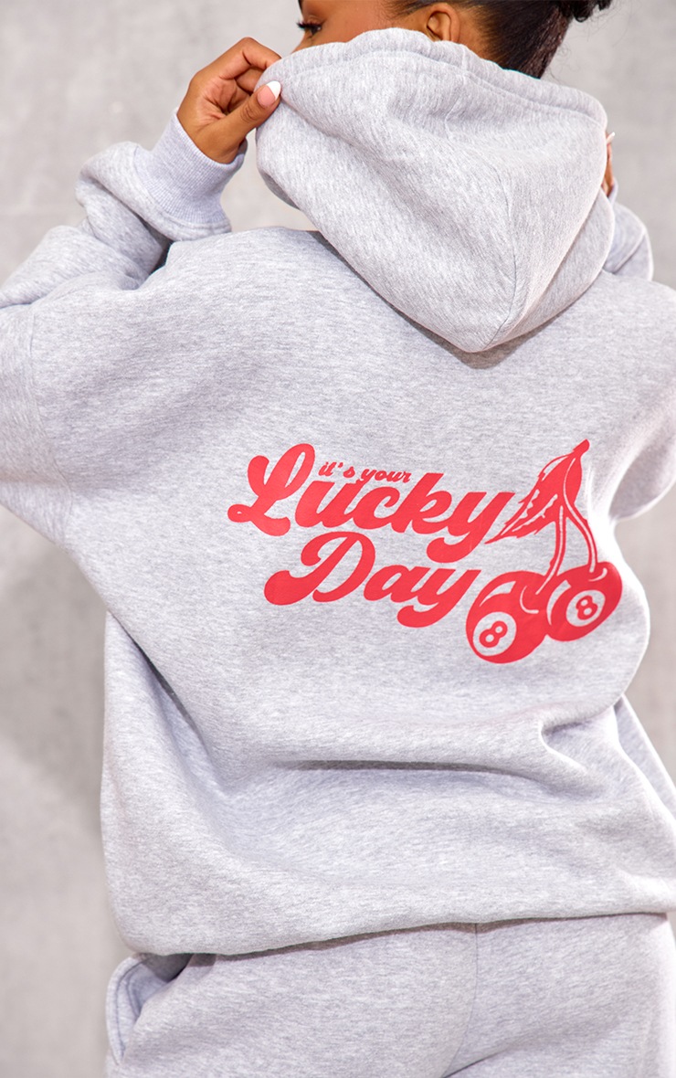 Grey Marl Cherry Print Oversized Hoodie | Sweat | PrettyLittleThing IRE