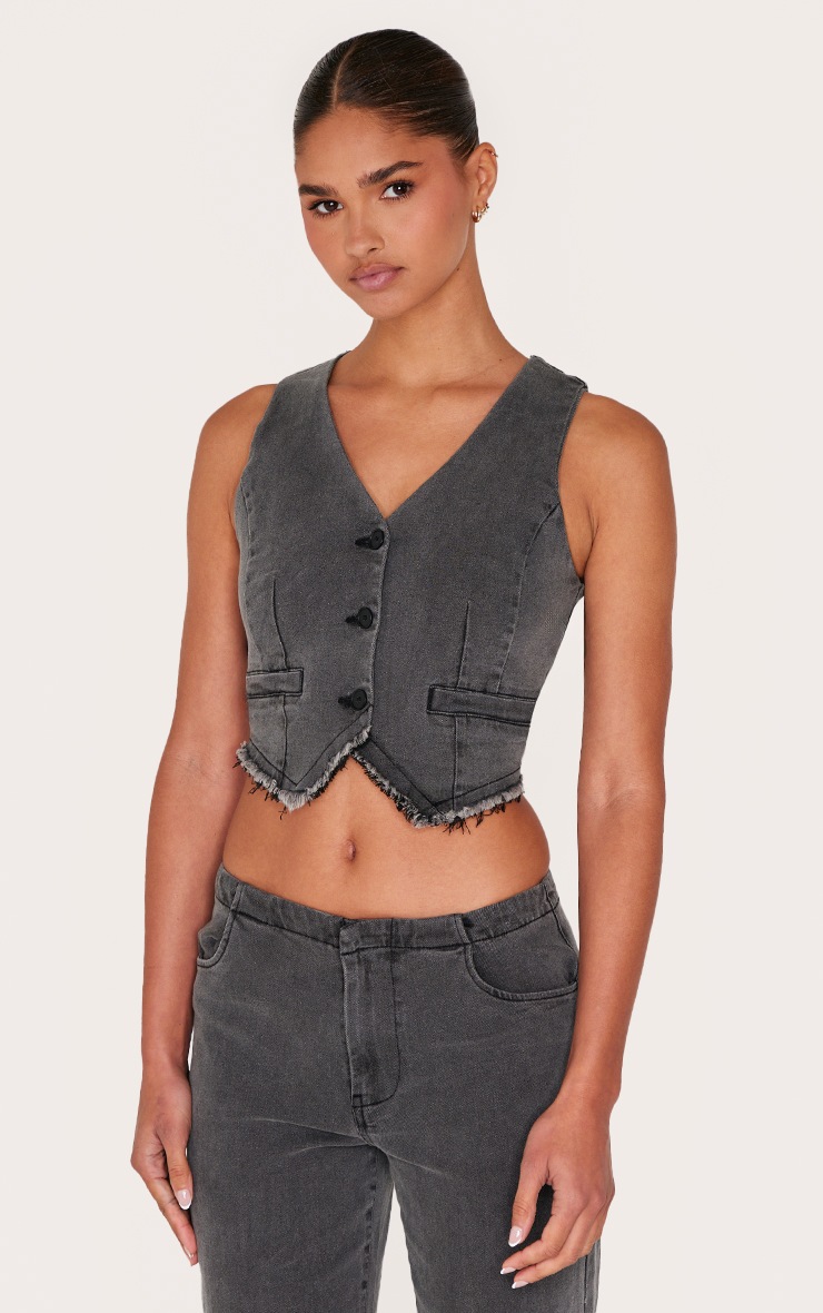 Washed Black Raw Hem Cut Out Back Denim Vest | Denim ...