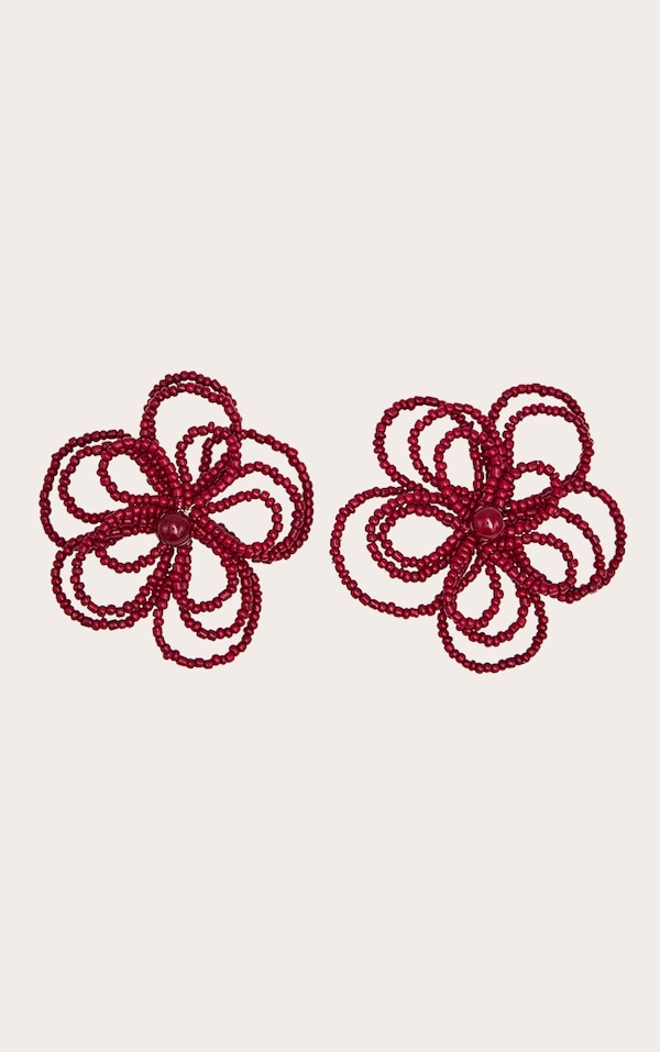 Burgundy Beaded Flower Statement Earrings | Accessories | PLT
