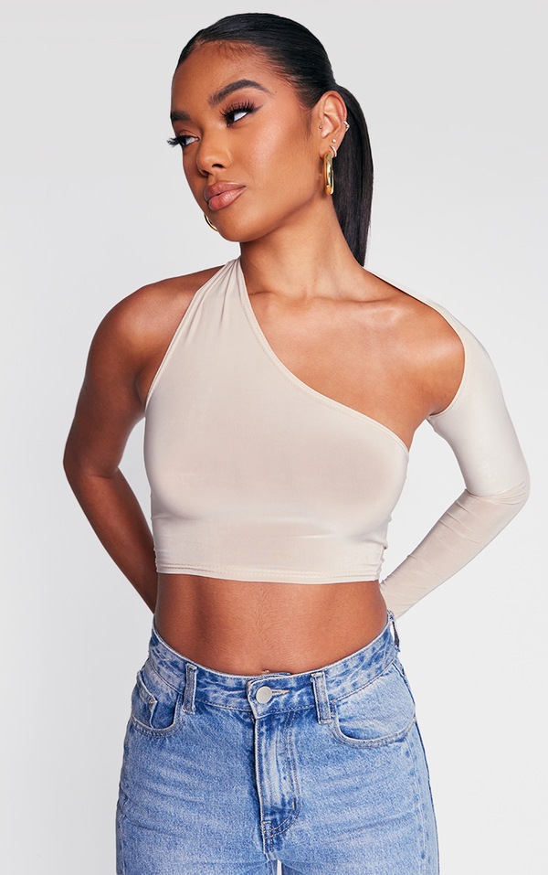 Stone Slinky One Shoulder Asymmetric Crop Top | Tops | PLT