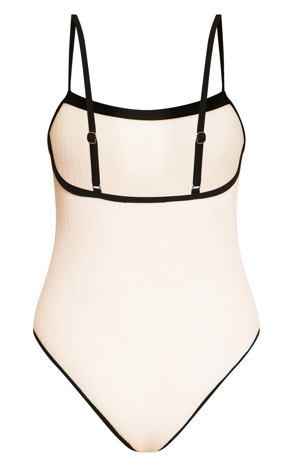 White Contrast Binding Textured Swimsuit | Swimwear | PrettyLittleThing AUS