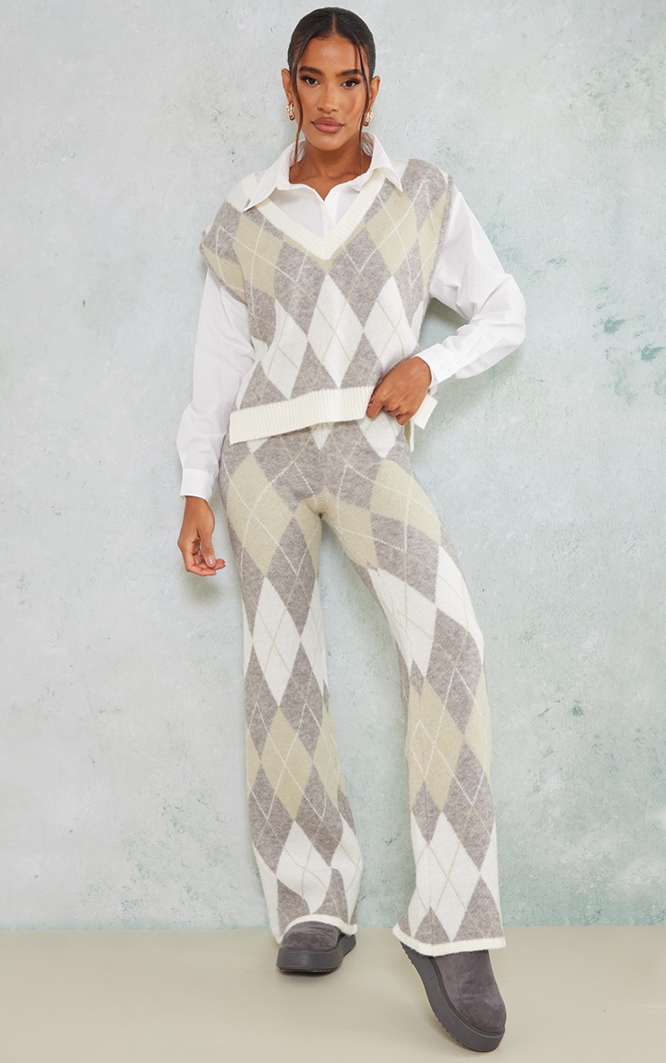 Cream Argyle Brushed Knitted Pants | PrettyLittleThing CA