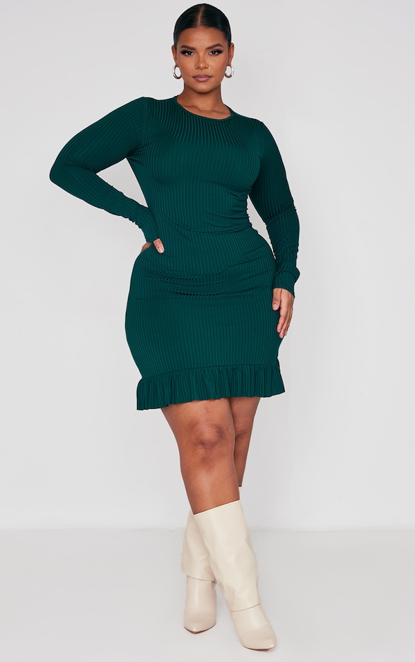 Plus Emerald Green Rib Frill Hem Bodycon Dress | Plus Size | PrettyLittleThing USA