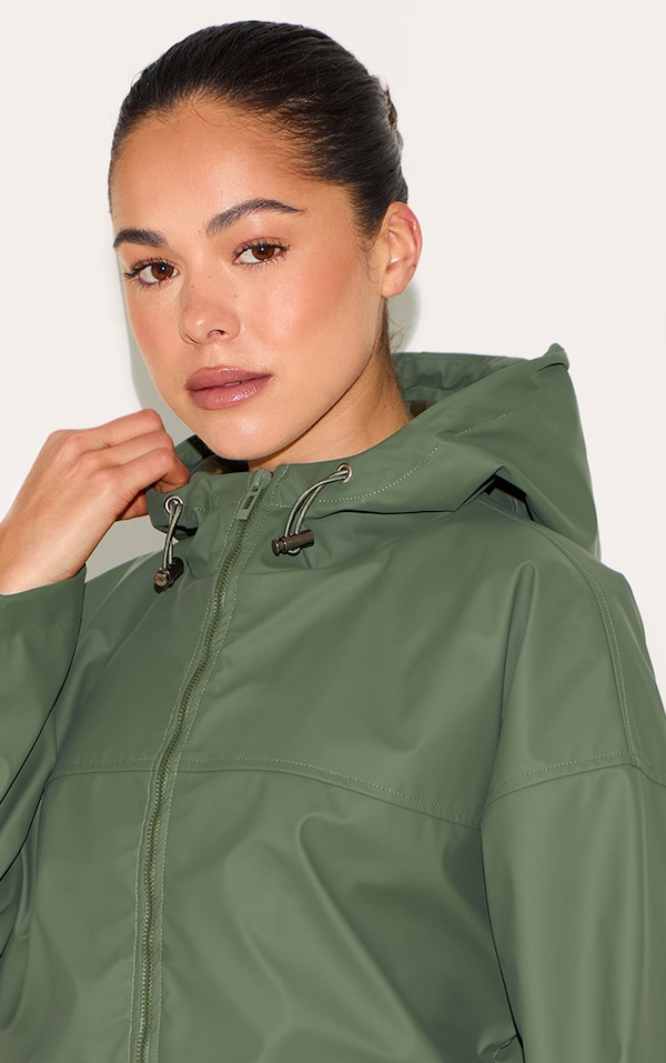 Khaki Rubberised Zip Up Jacket With Hood | Outerwear | PLT