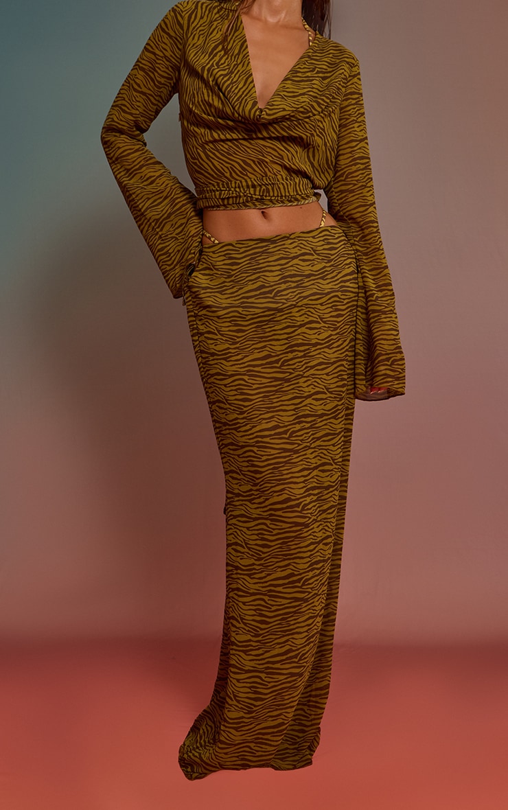 Olive Zebra Printed Chiffon Low Rise Maxi Skirt | Swimwear | PLT