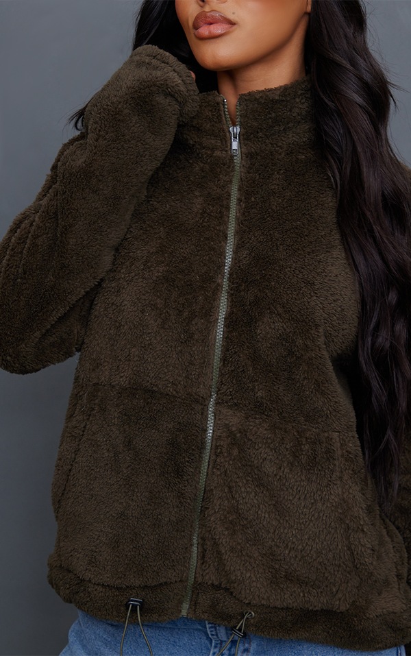 Khaki Toggle Hem Cropped Teddy Jacket | Outerwear | PrettyLittleThing USA