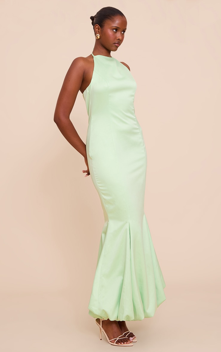 Green Satin Halterneck Puffball Maxi Dress | Dresses | PLT