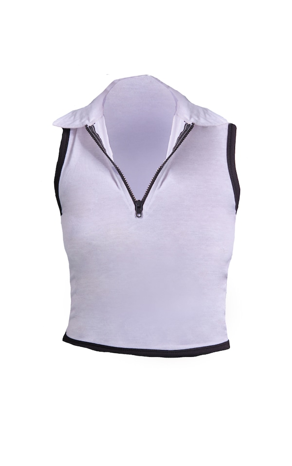 White Contrast Binding Sleeveless Zip Top | Tops | PLT