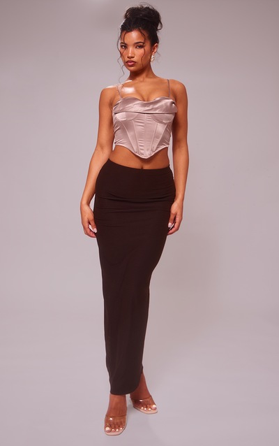 Mocha Satin Drape Bust Detail Corset | Tops | PLT USA