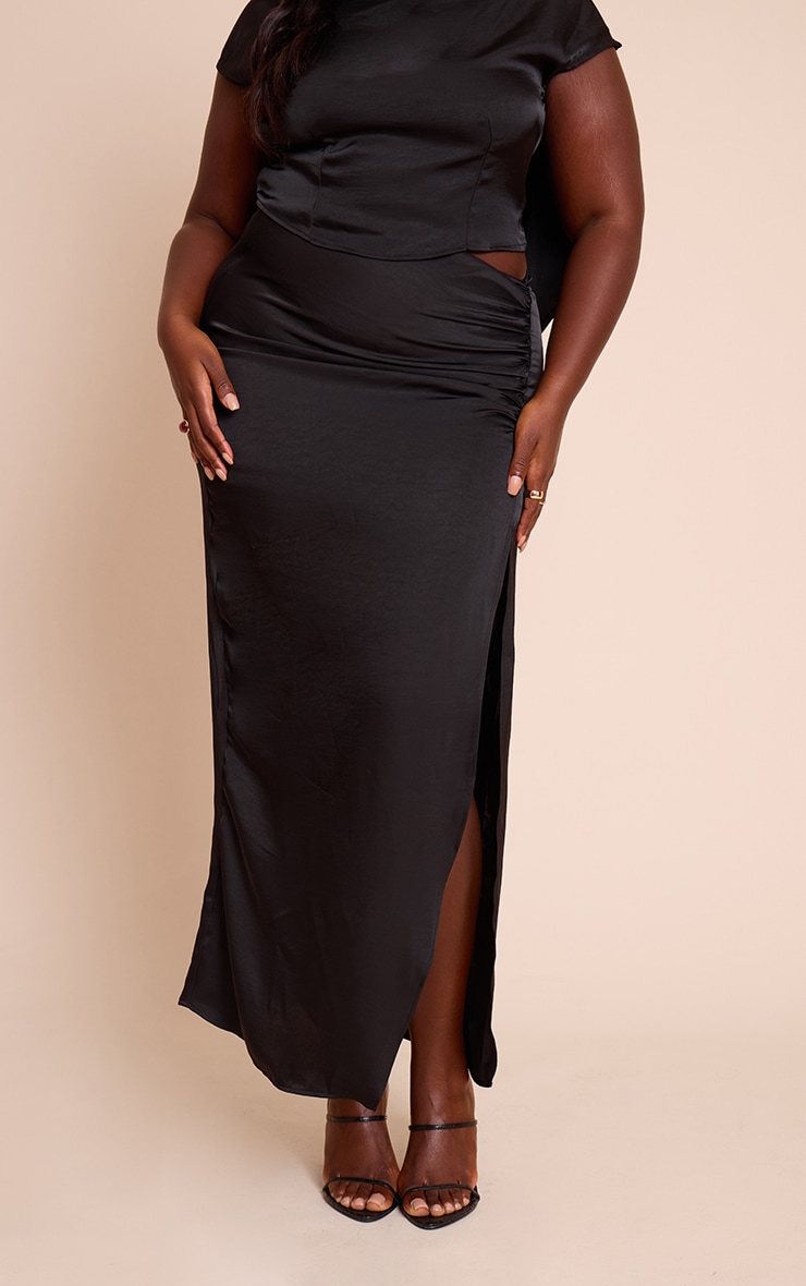 Plus Black Ruched Satin Split Detail Maxi Skirt | Plus Size | PLT USA