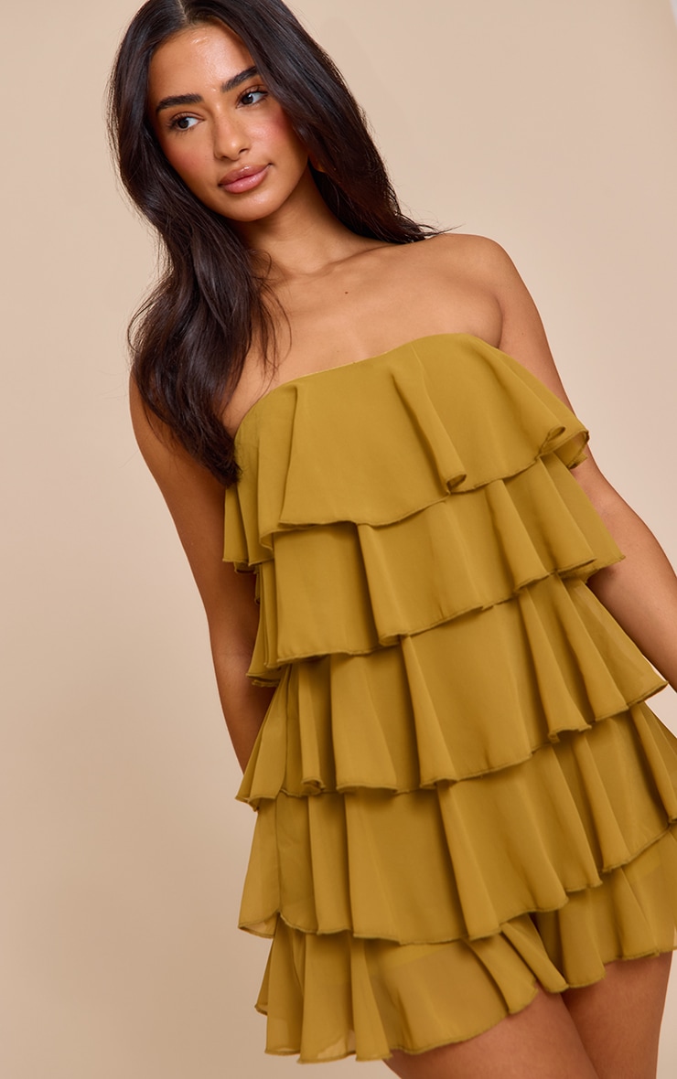 Petite Olive Chiffon Bandeau Frill Playsuit | Petite | PrettyLittleThing AUS