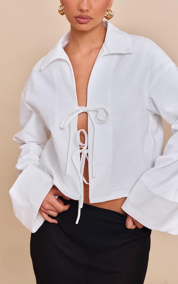 White Tie Front Linen Look Collar Blazer | Tops | PLT