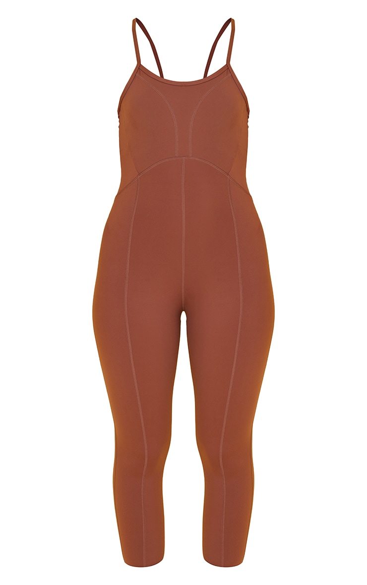 Brown Sculpt Cross Back Long Unitard | PrettyLittleThing