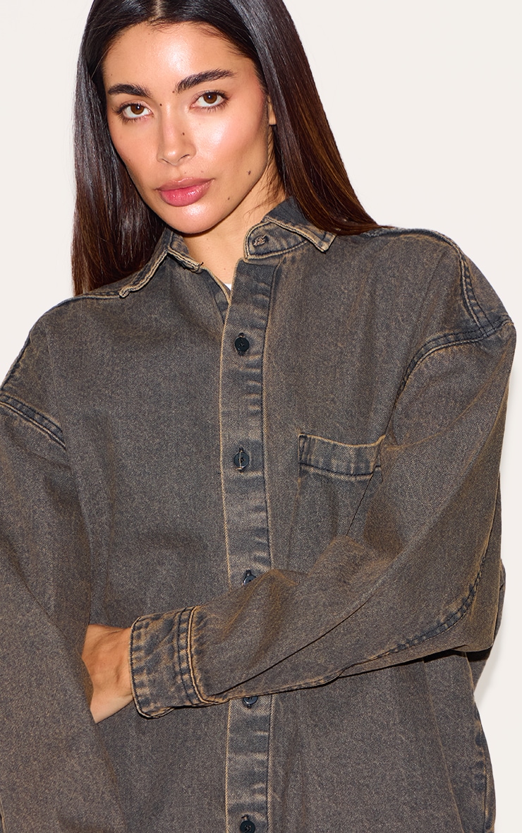 Vintage Brown Dip Hem Button Up Denim Shirt | Denim | PrettyLittleThing USA