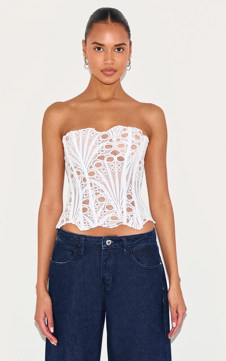 White Textured Sheer Floral Lace Corset | Tops | PLT AUS