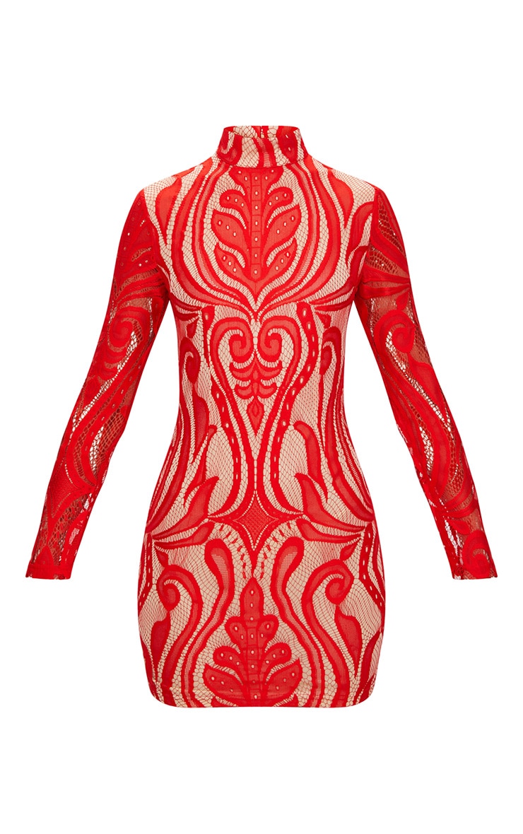 Red High Neck Long Sleeve Lace Bodycon Dress | PrettyLittleThing