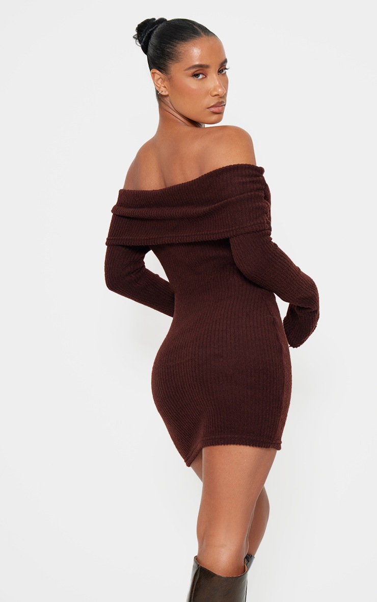 Chocolate Rib Bardot Long Sleeve Bodycon Dress | Dresses | PLT