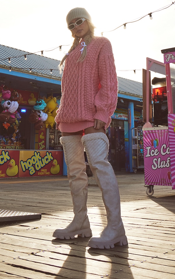 Cream PU Round Toe Shearling Knee High Boots | Footwear ...