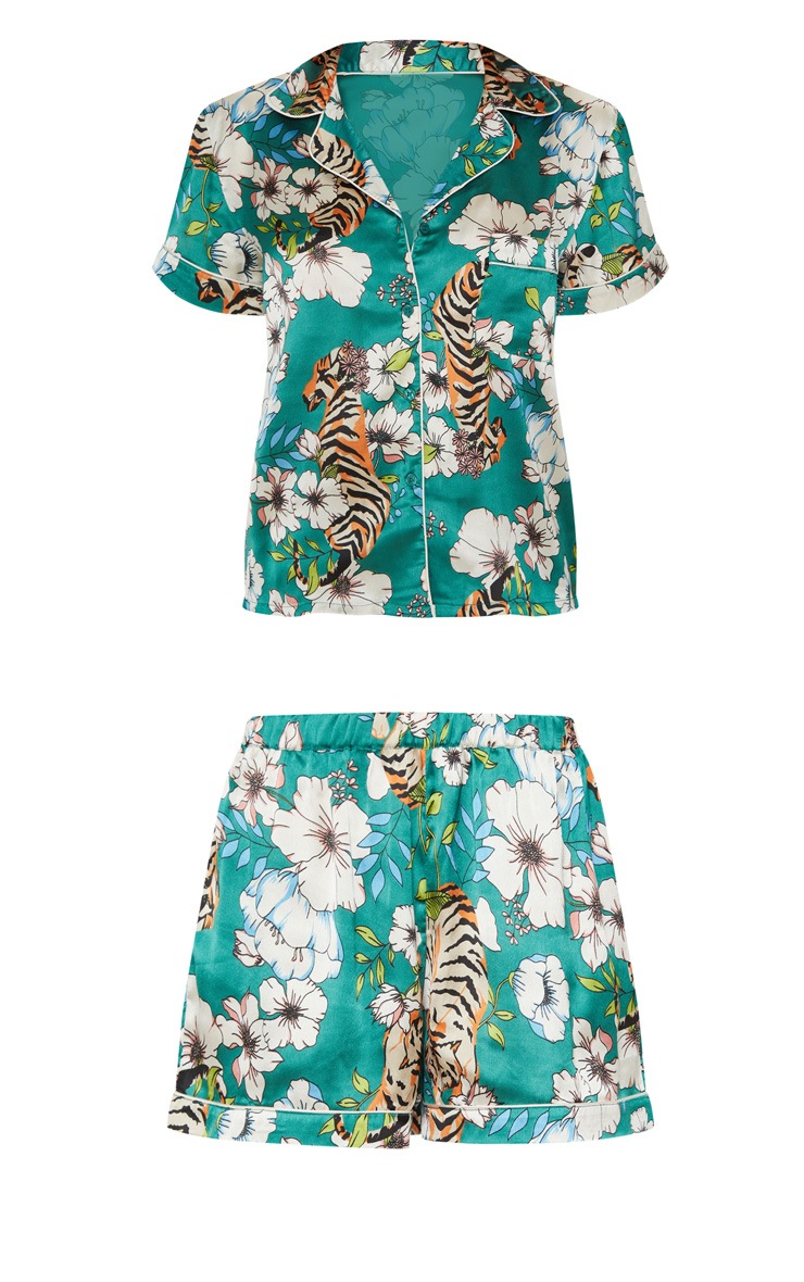 Emerald Tiger Blossom Short Satin PJ Set | Lingerie & Nightwear | PLT USA