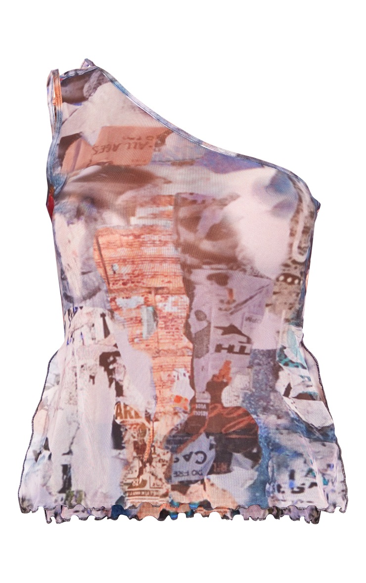 Top asymétrique long en mesh multicolore imprimé abstrait à ourlet ...