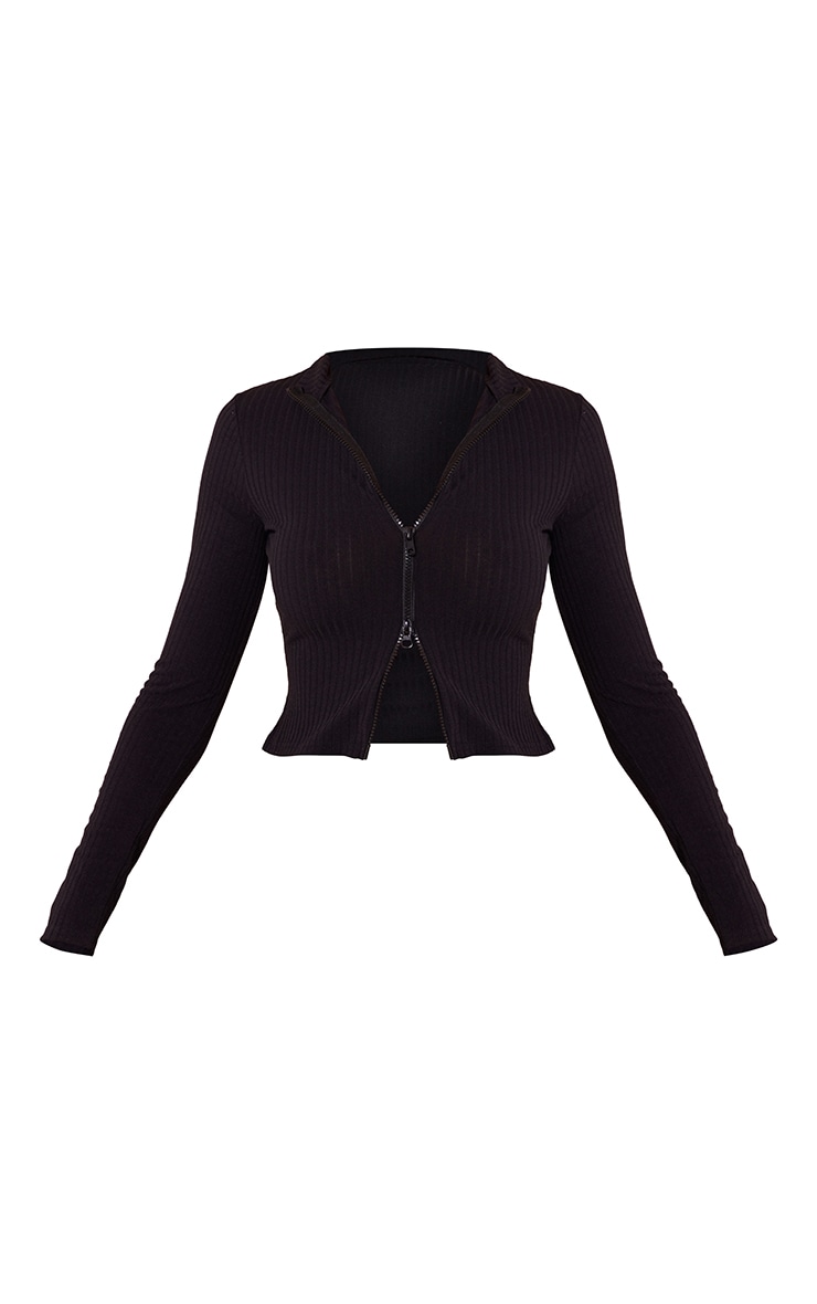 Black Textured Rib Zip Up High Neck Top | PrettyLittleThing