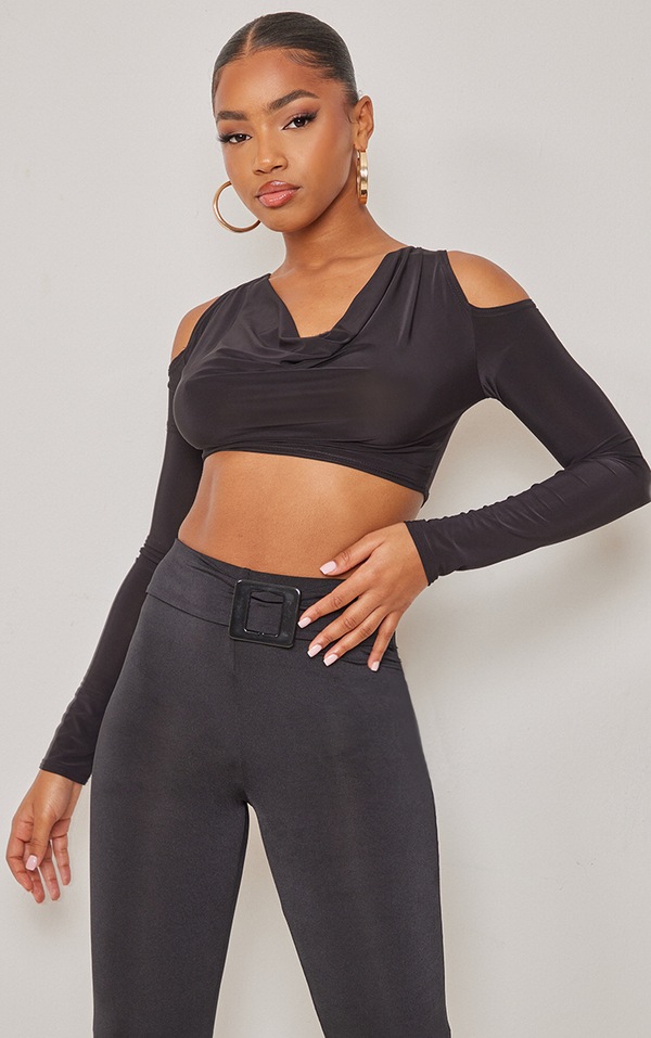 Black Slinky Cowl Neck Cold Shoulder Crop Top | Tops | PLT